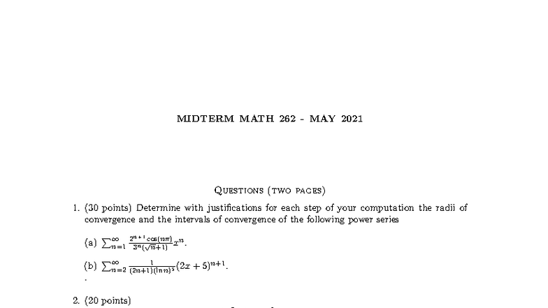 Midterm Exam Review: MATH 262 Power Series & Maclaurin Series - Studocu