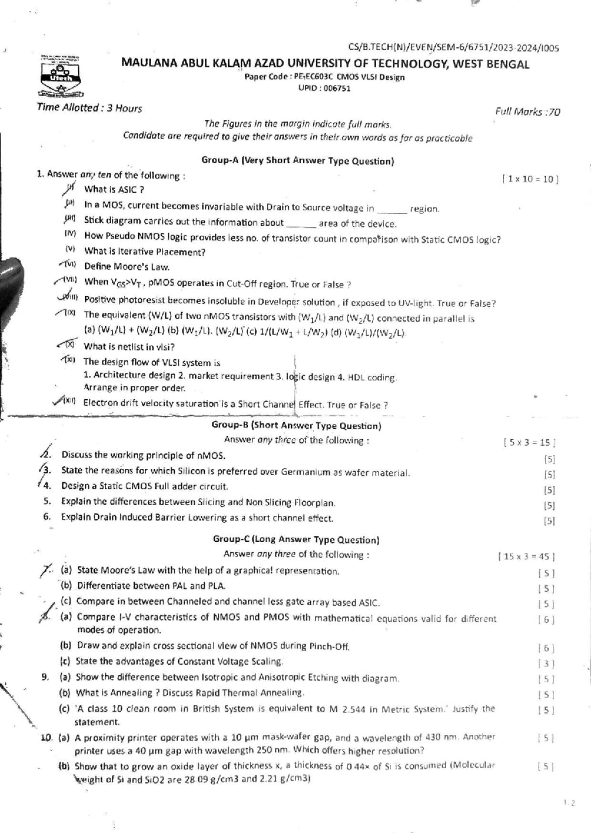 CMOS VLSI Design Exam Paper PE EC603C - Short Answer & Long Questions ...