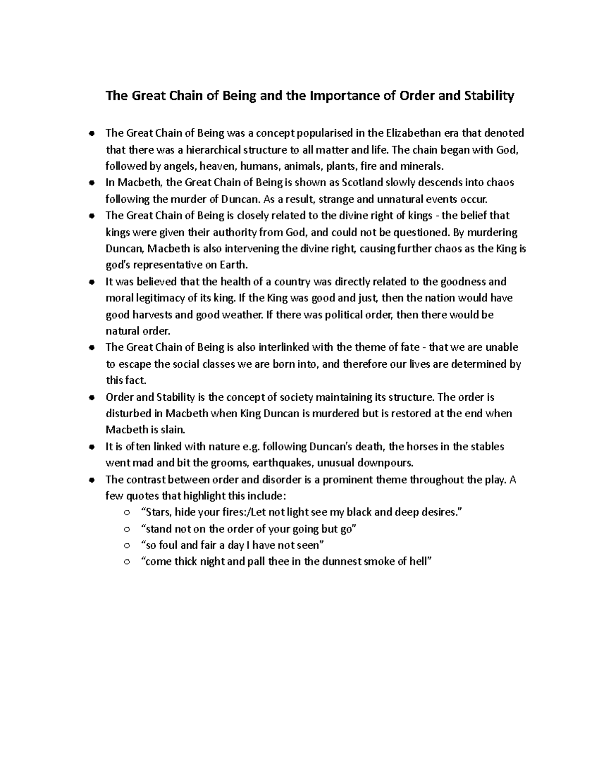The Great Chain of Being and Order in Macbeth: Key Insights - Studocu