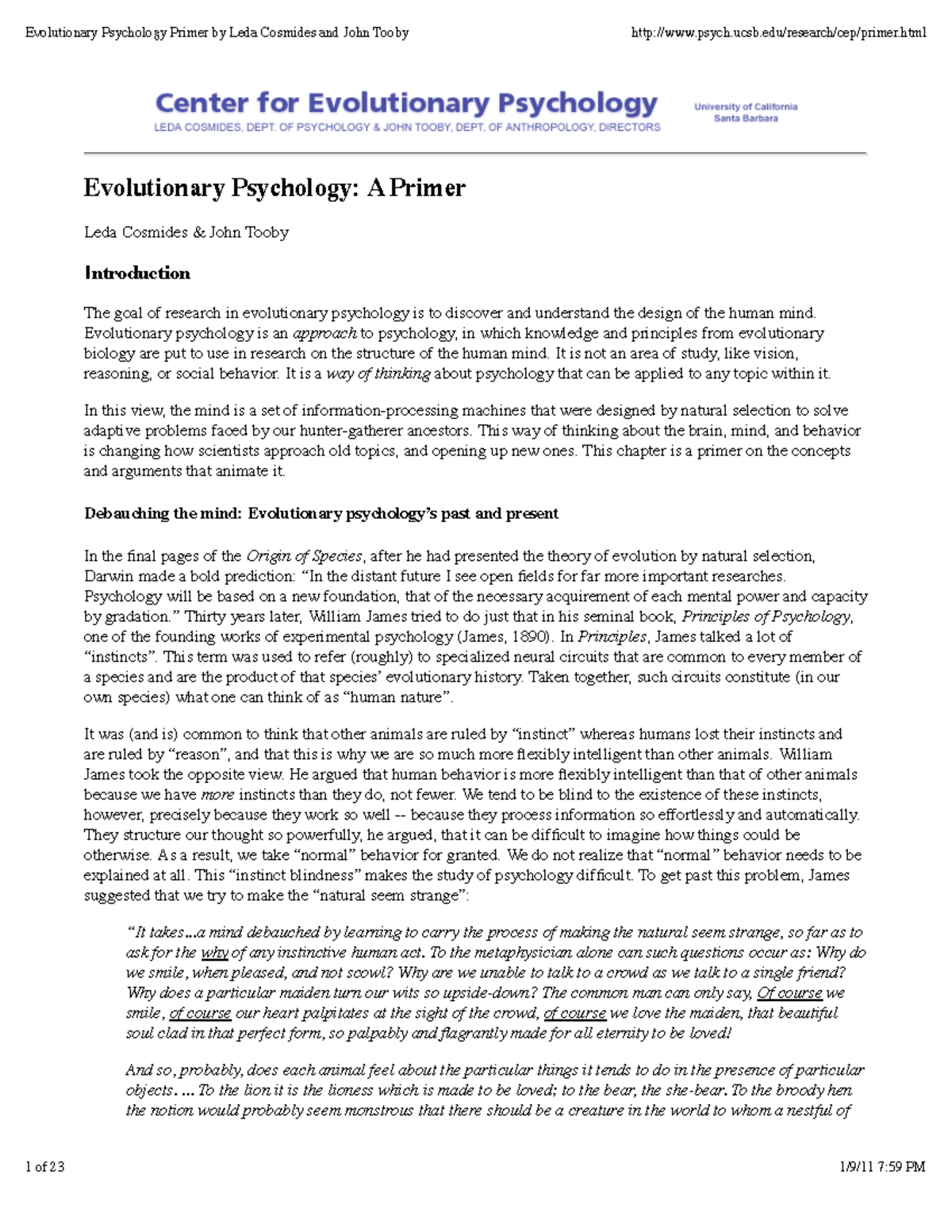 Evolutionary Psychology Primer: Insights from Cosmides & Tooby - Studocu