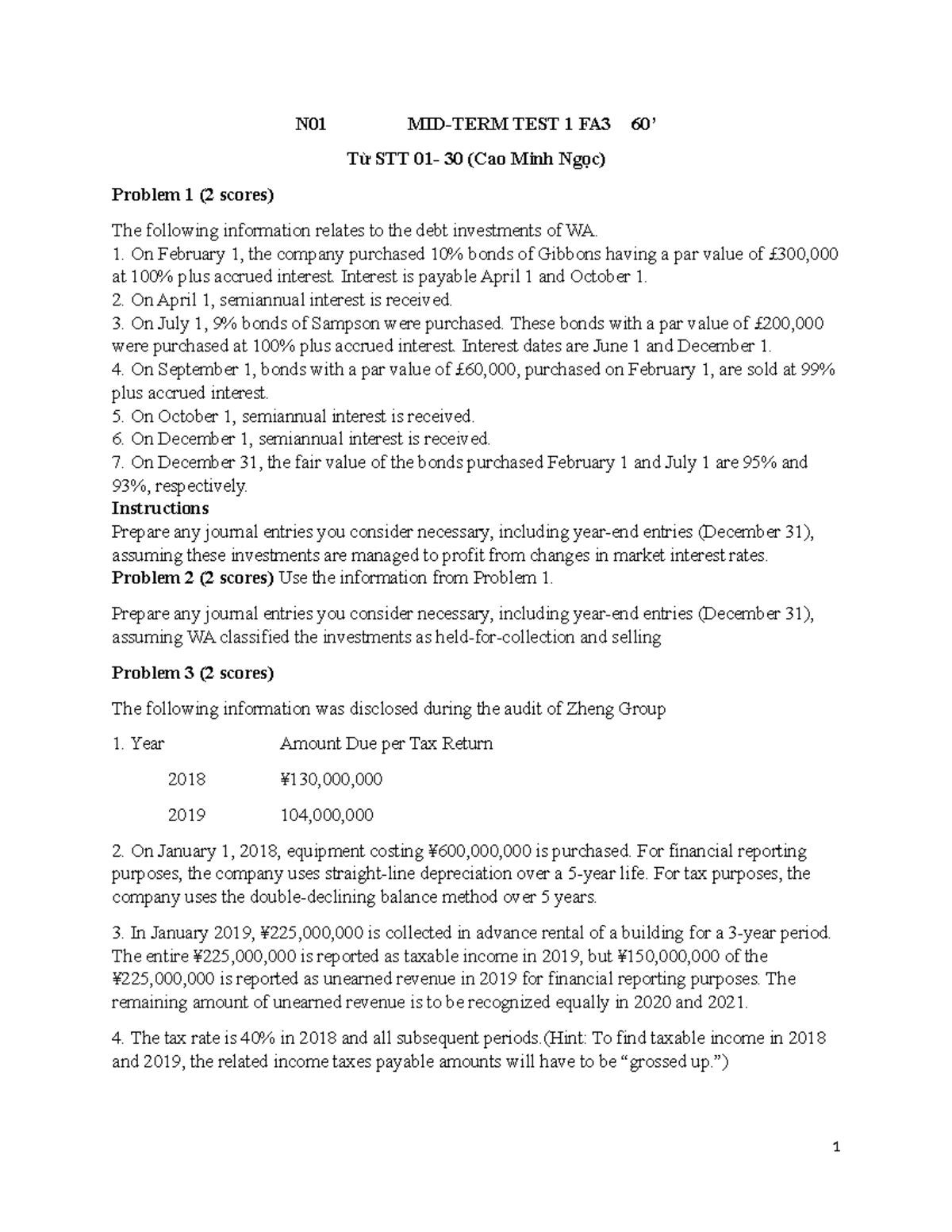 Midterm Exam N01 TEST 1 FA3: Debt Investments & Tax Accounting - Studocu