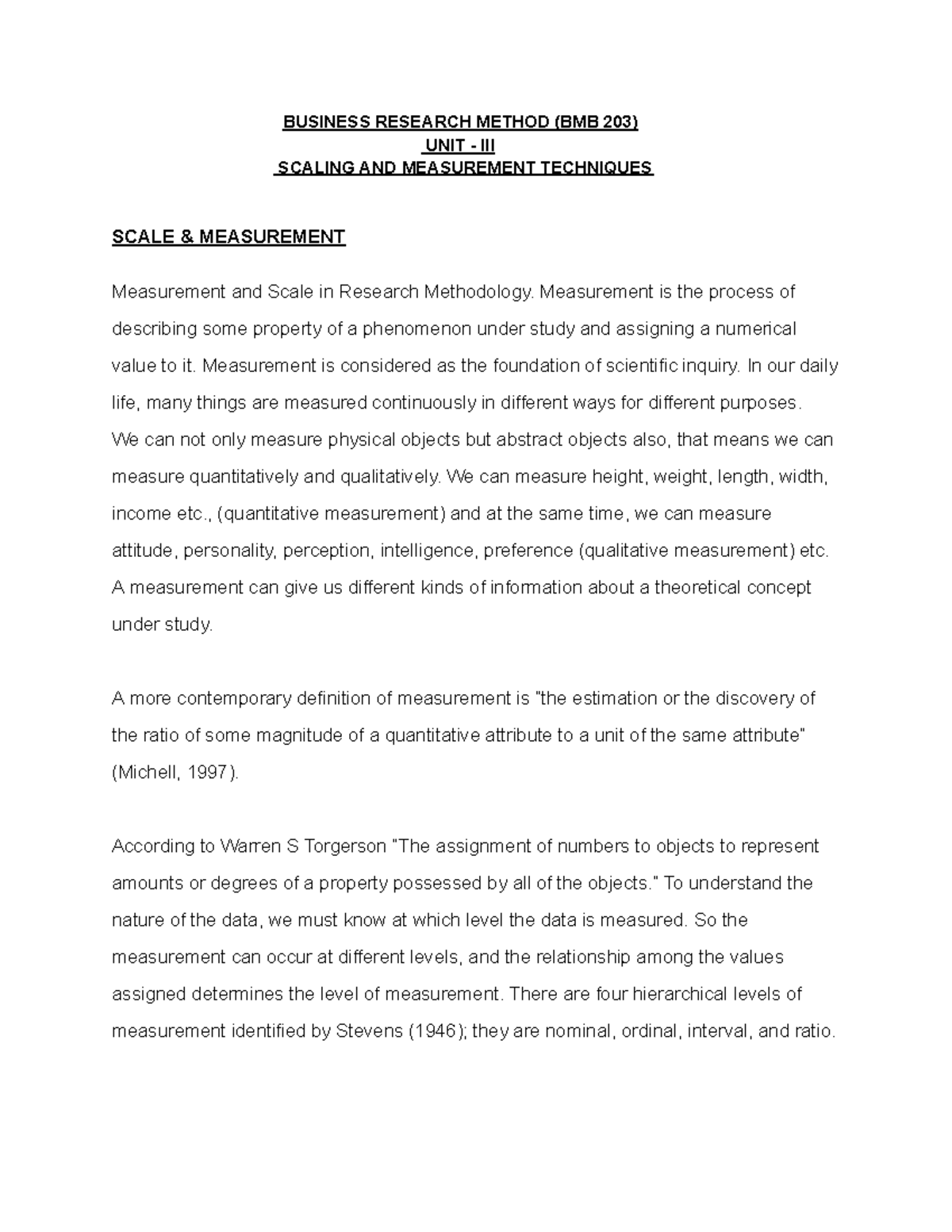 BRM 203: Unit 3 - Scaling and Measurement Techniques in Research - Studocu