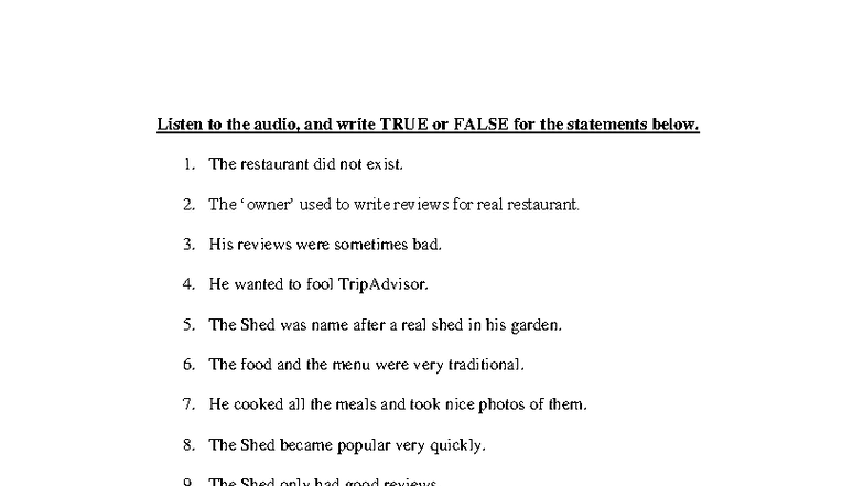 Listening Practice: TRUE or FALSE Statements on Restaurant - Studocu