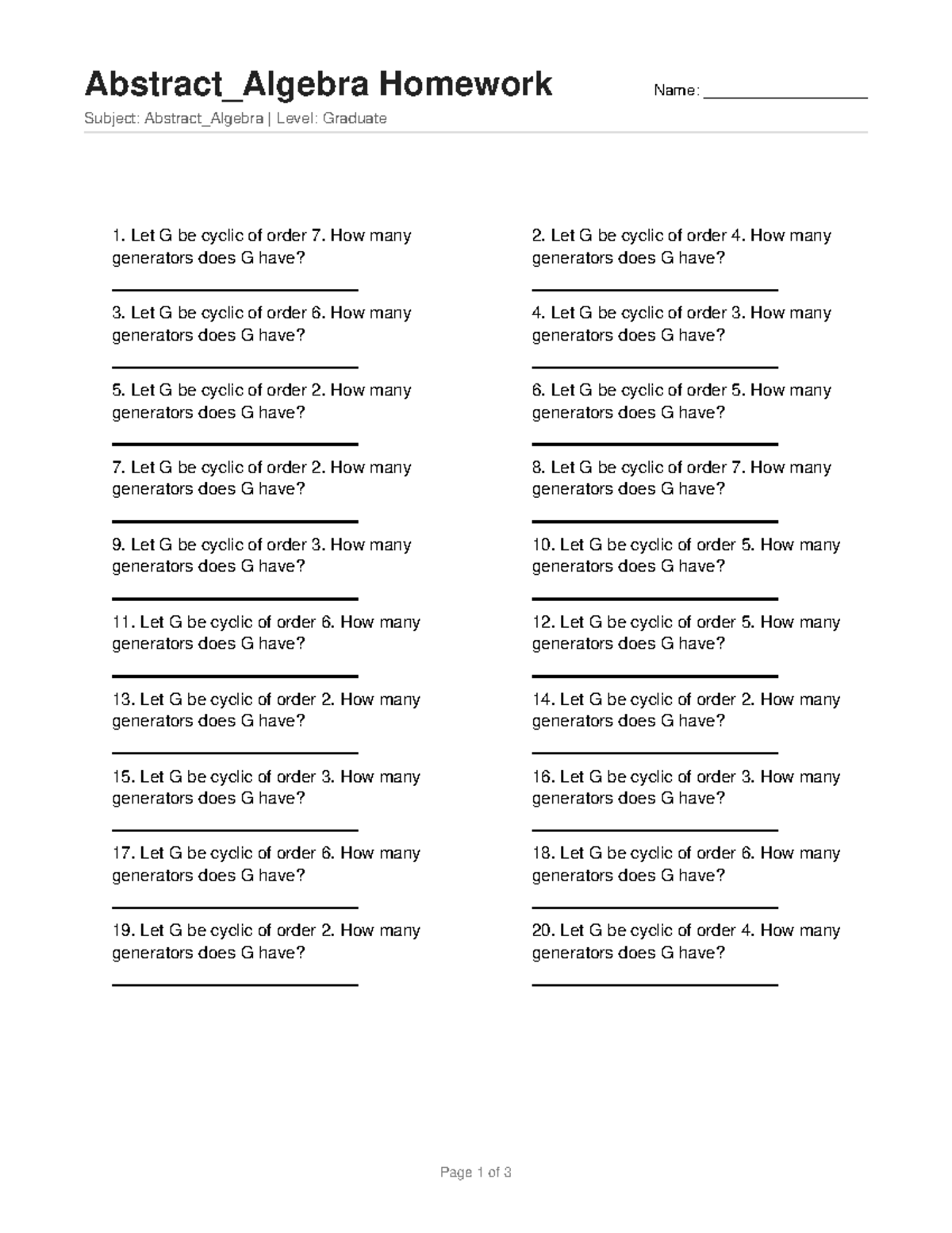 Abstract Algebra Homework (Graduate Level) - Studocu