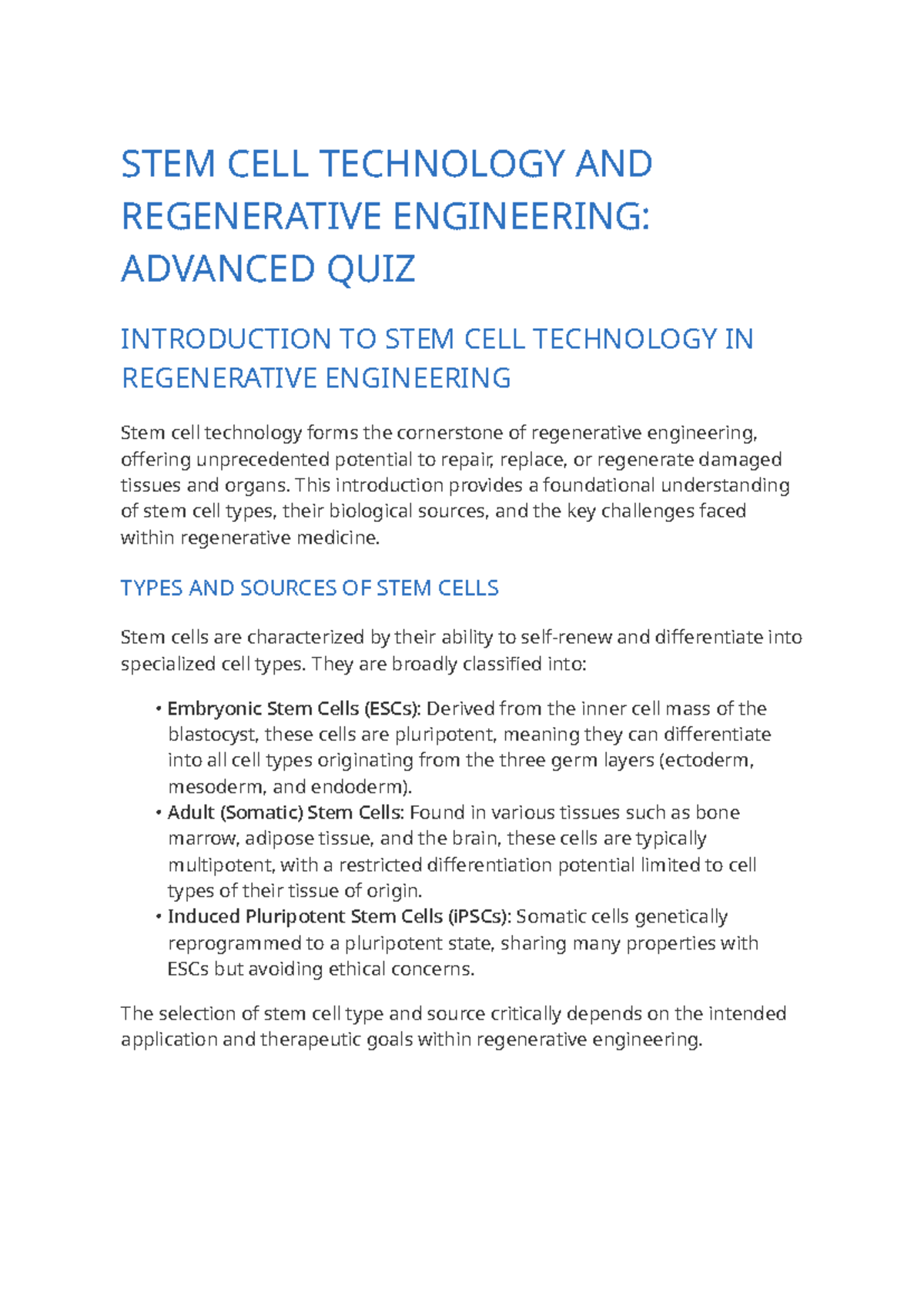 Stem Cell Technology in Regenerative Engineering: Advanced Quiz (STEM ...