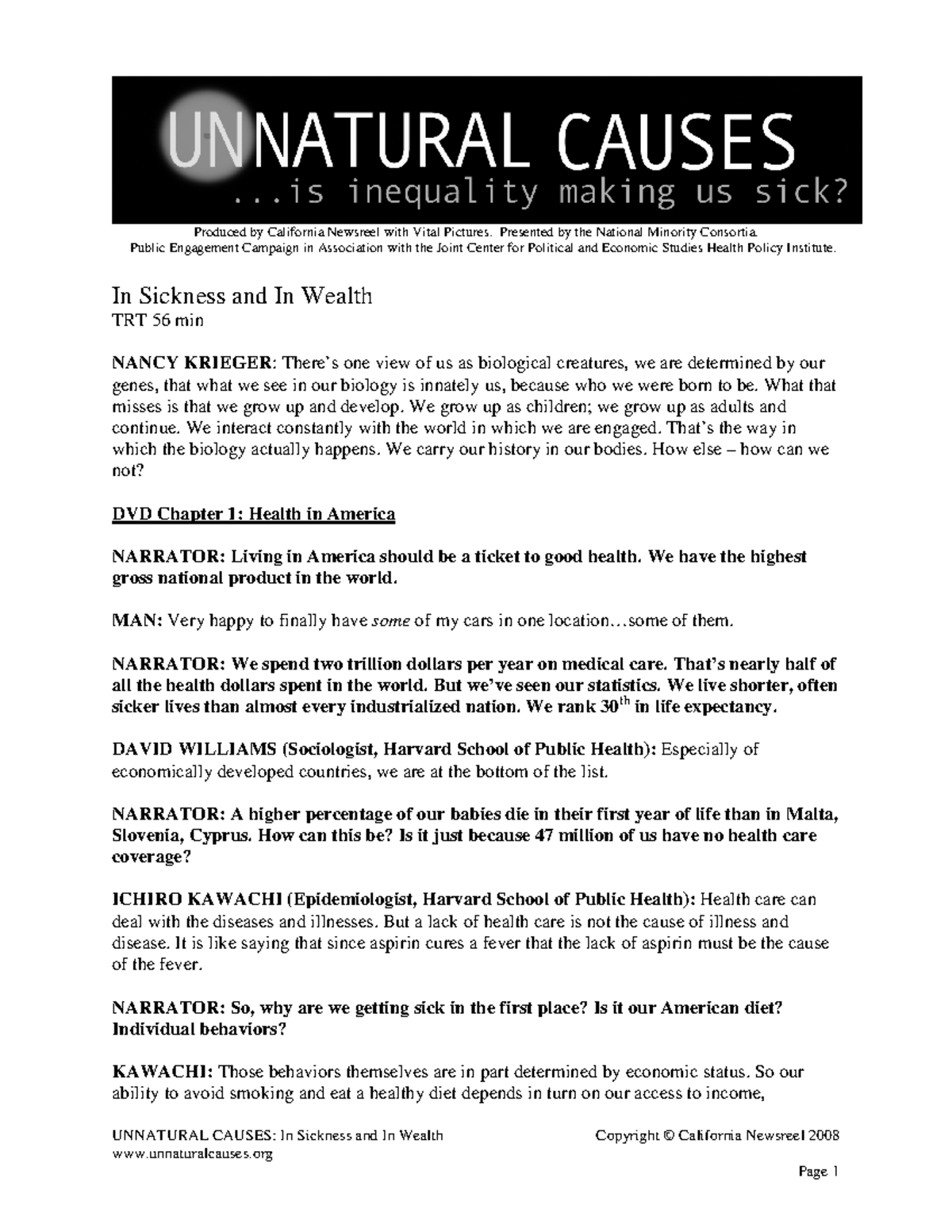 "UNNATURAL CAUSES: Health Disparities in In Sickness and In Wealth ...