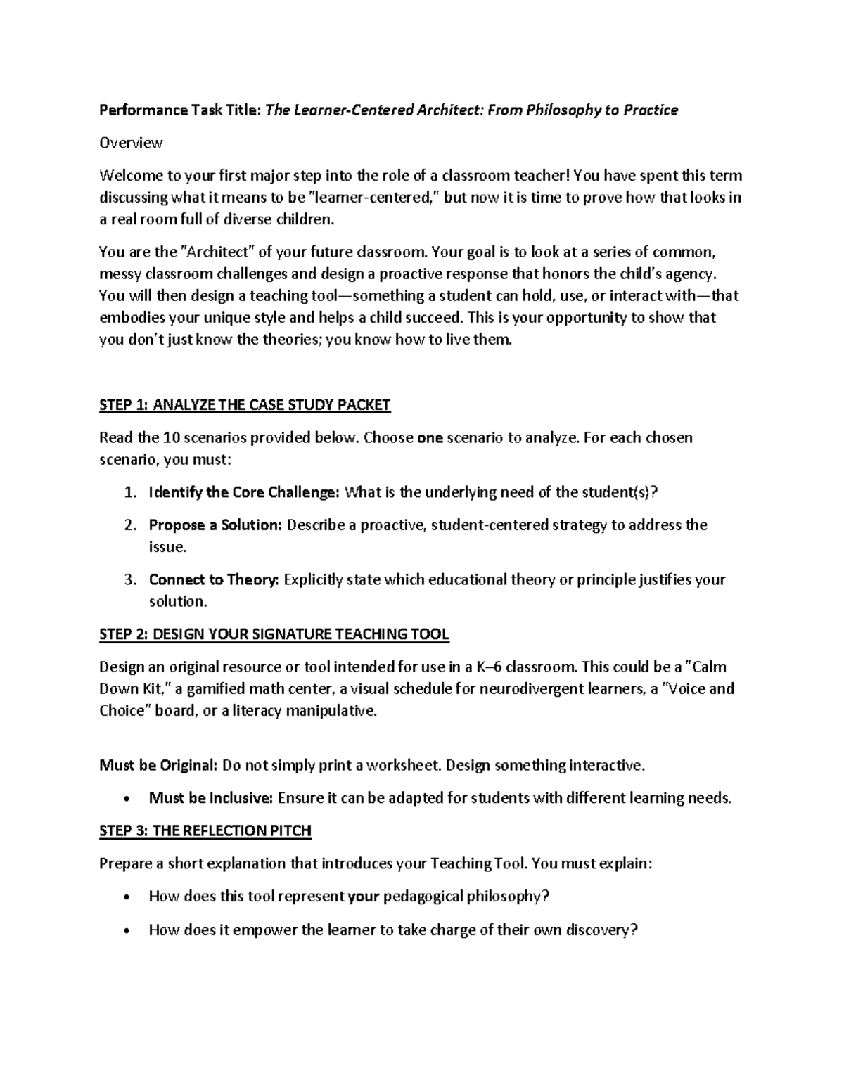 Performance Task: The Learner-Centered Architect - Studocu