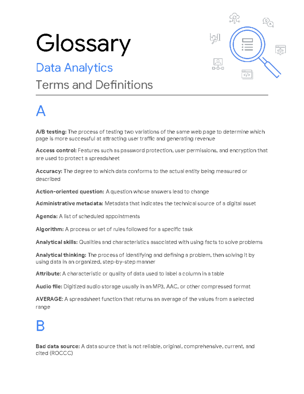 Course 4 Week 6 Glossary of Data Analytics Terms and Definitions - Studocu