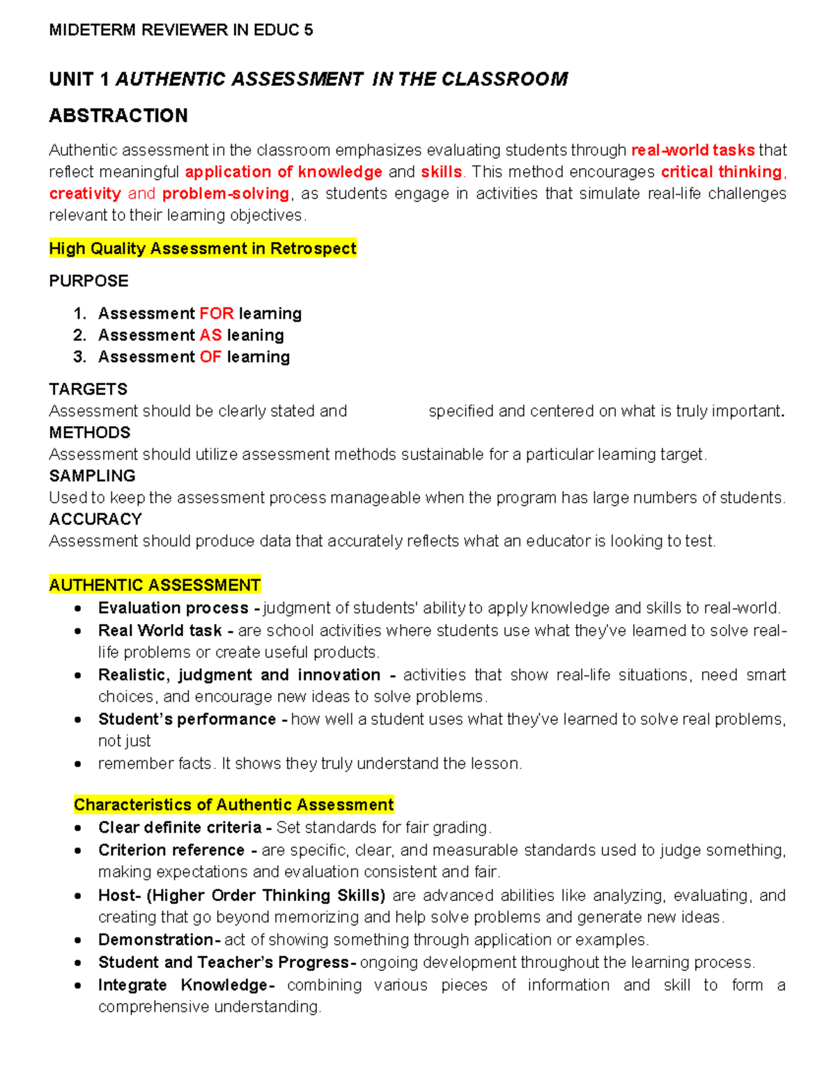 Midterm Reviewer in EDUC 5: Authentic Assessment Insights - Studocu