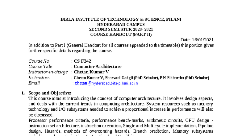 CS F342 Computer Architecture Course Handout (Part II) - Studocu