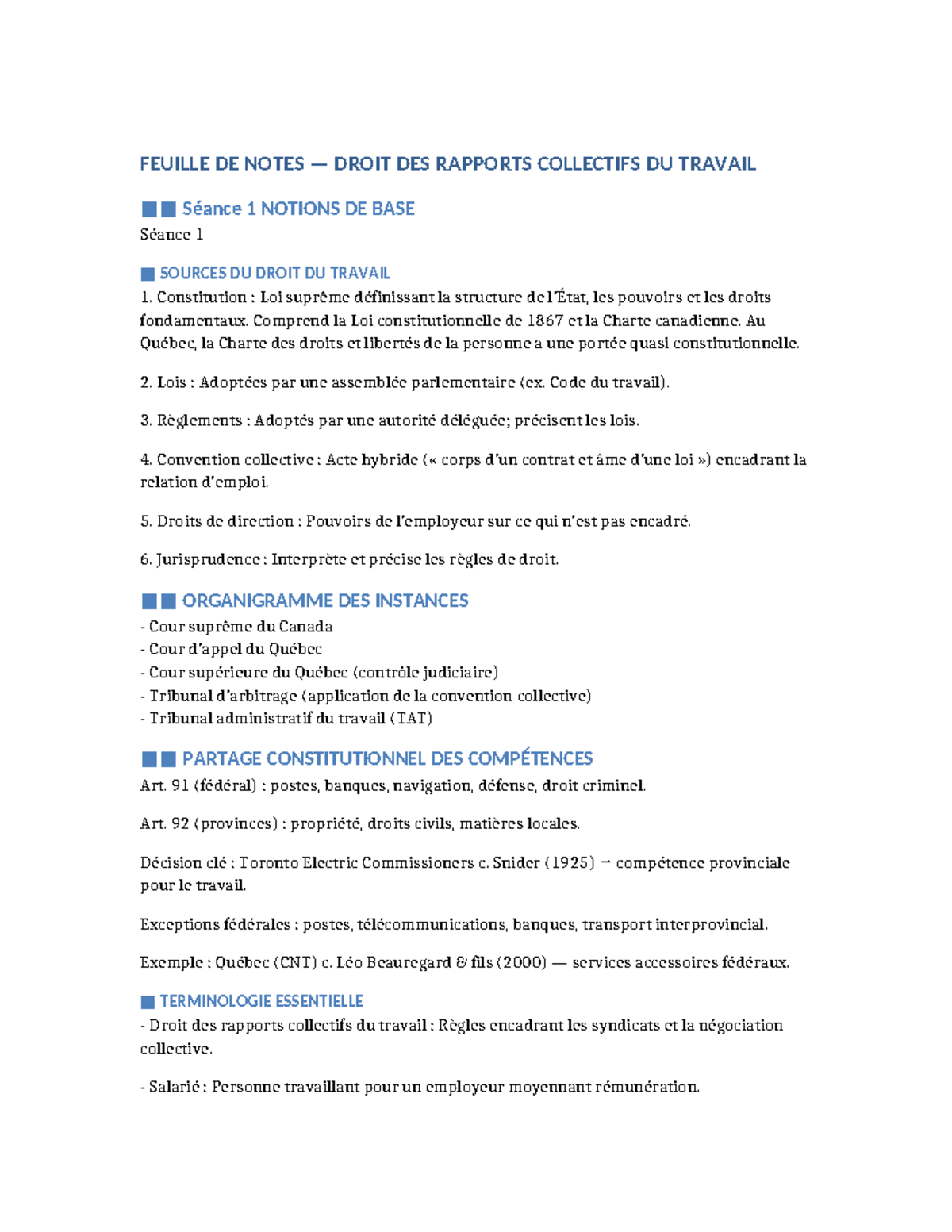 Feuille de notes sur le Droit des Rapports Collectifs du Travail ...
