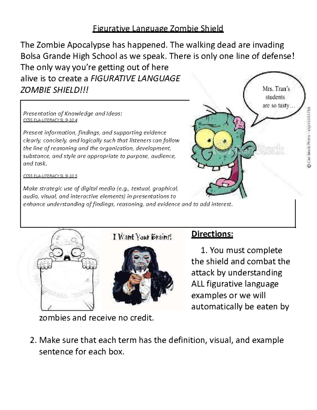 Figurative Language Zombie Shield Activity - English 1H Presentation ...