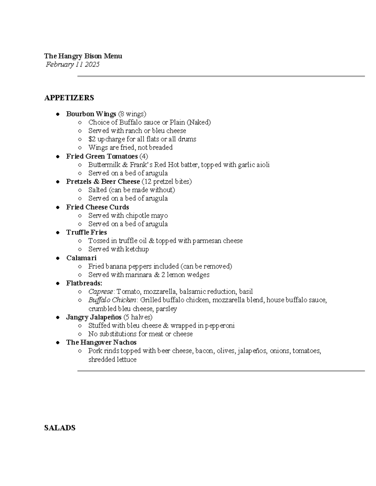 The Hangry Bison Menu: Food & Drink Selections for February 2025 - Studocu