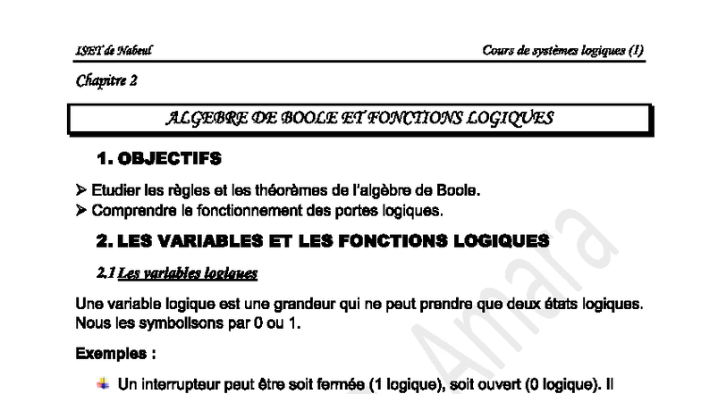 ISET de Nabeul Cours de Systèmes Logiques (1) Chapitre 2: Algèbre de ...