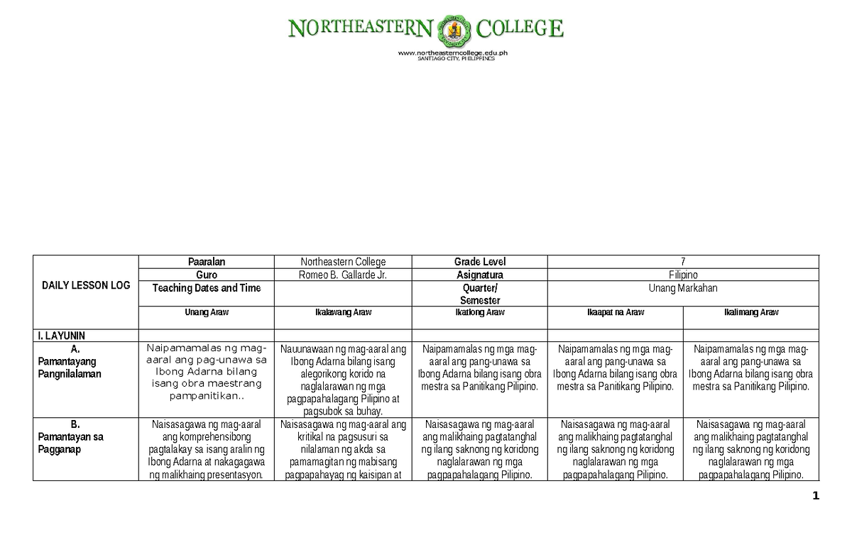 Daily Lesson Log: Ibong Adarna (Grade 7 Filipino) - Studocu