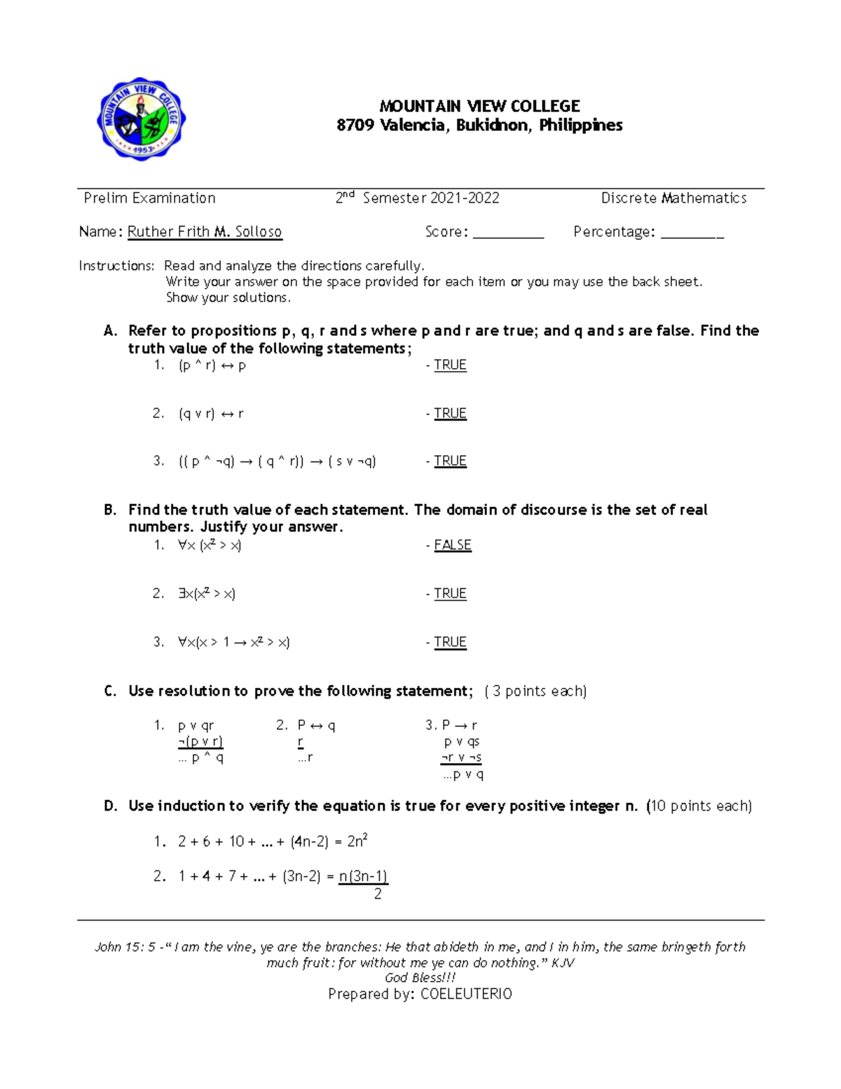 Solloso Prelim Examination Discrete Mathematics - MOUNTAIN VIEW COLLEGE ...