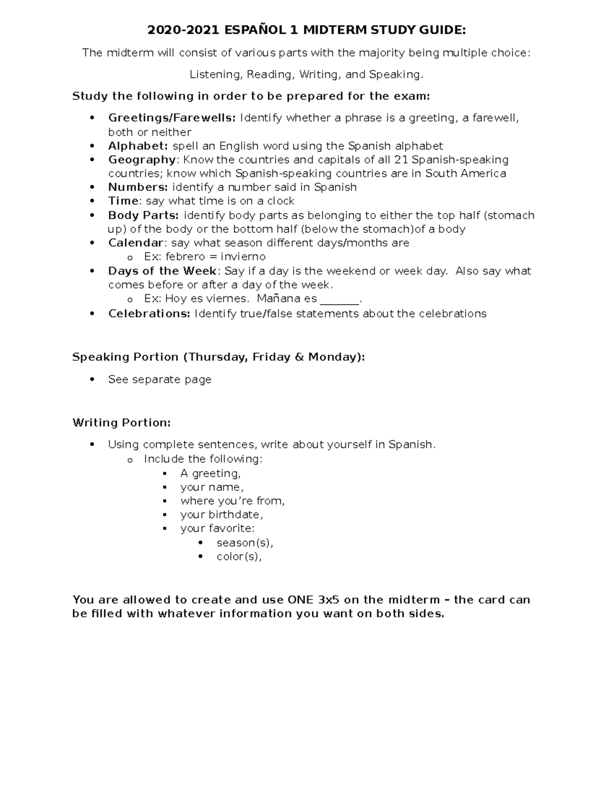 ESPAÑOL 1 Midterm Study Guide: Key Exam Topics & Study Tips - Studocu