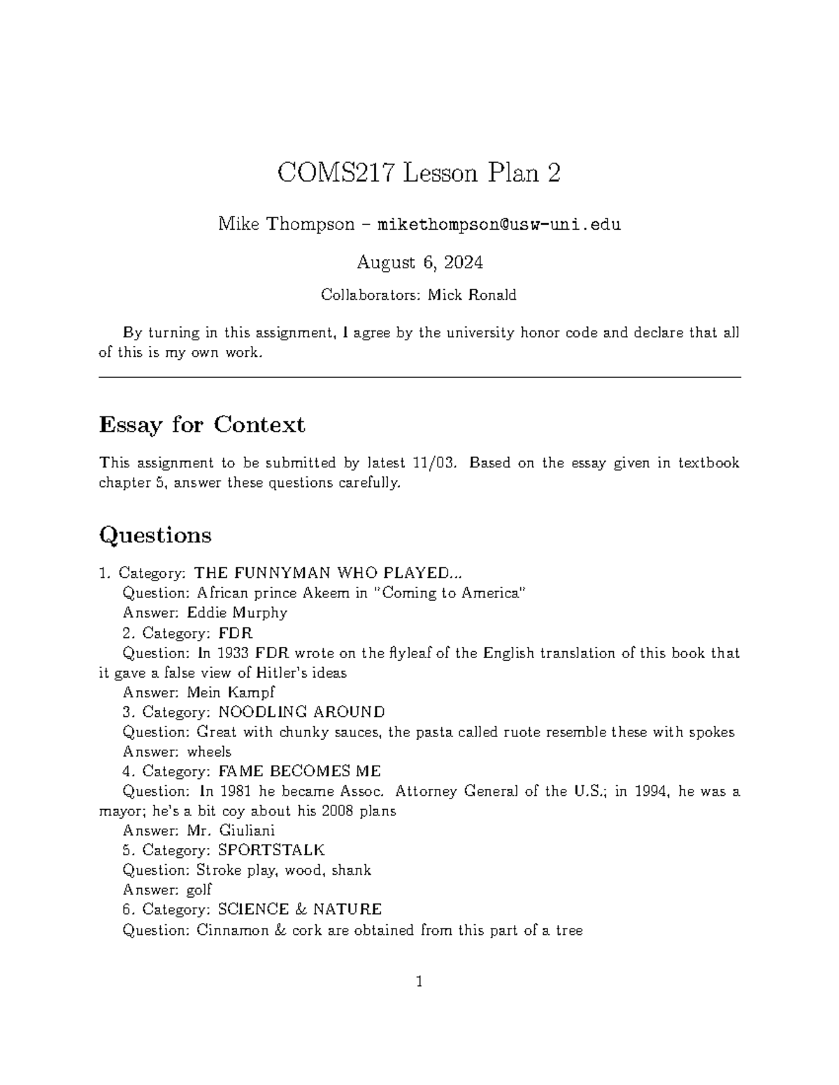 COMS217 Lesson Plan 2: Engaging Activities and Questions - Studocu