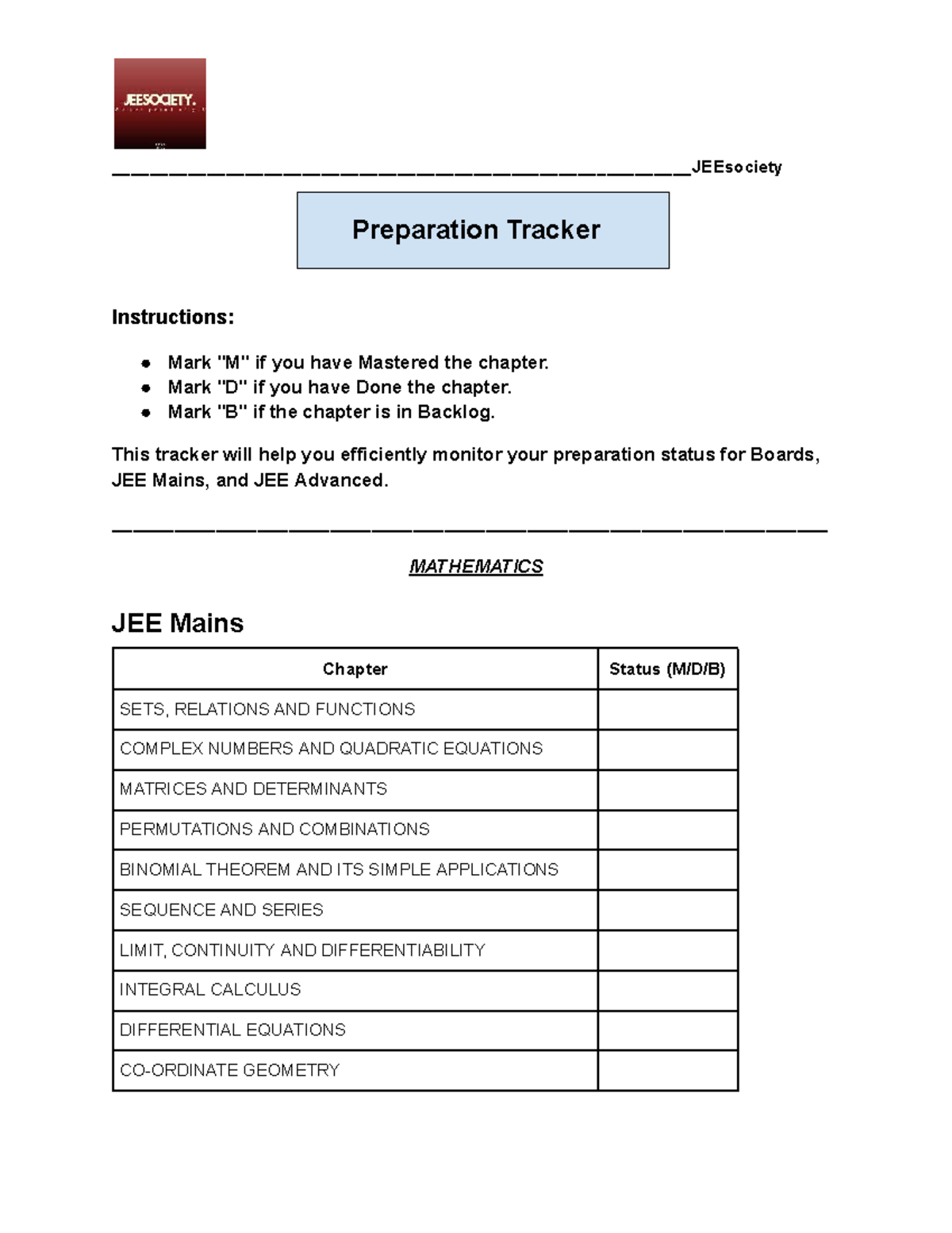 JEE Mains & Advanced Preparation Tracker Sheets for Math, Physics ...