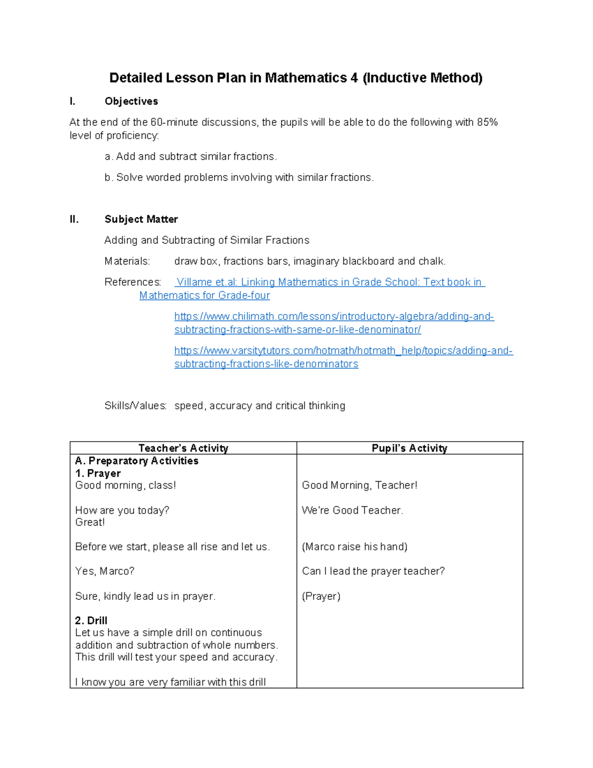 DLP MATH 4: Detailed Lesson Plan for Adding Similar Fractions - Studocu