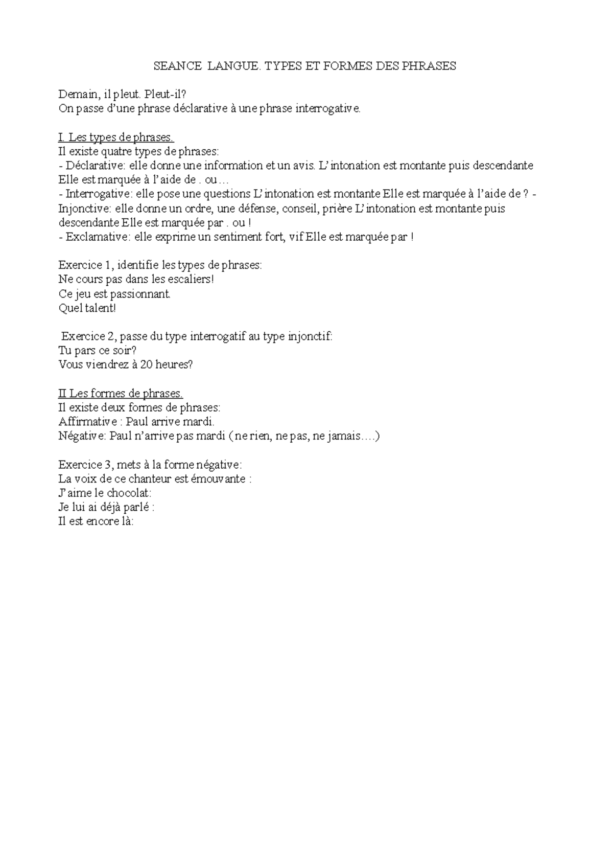 TYPE Phrase 5E - Leçon sur les Types et Formes des Phrases - Studocu