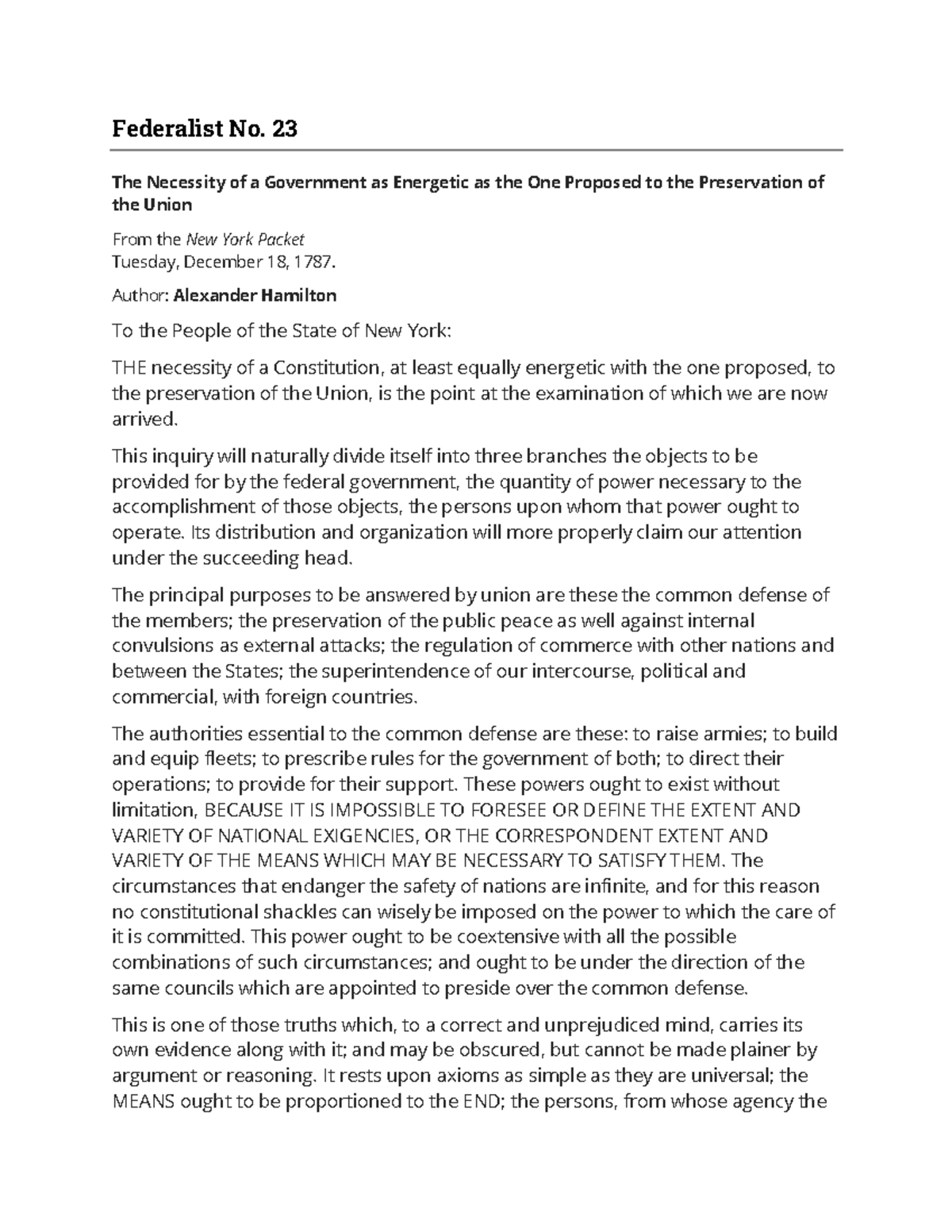 Federalist No. 23: The Need for a Strong Federal Government Structure ...