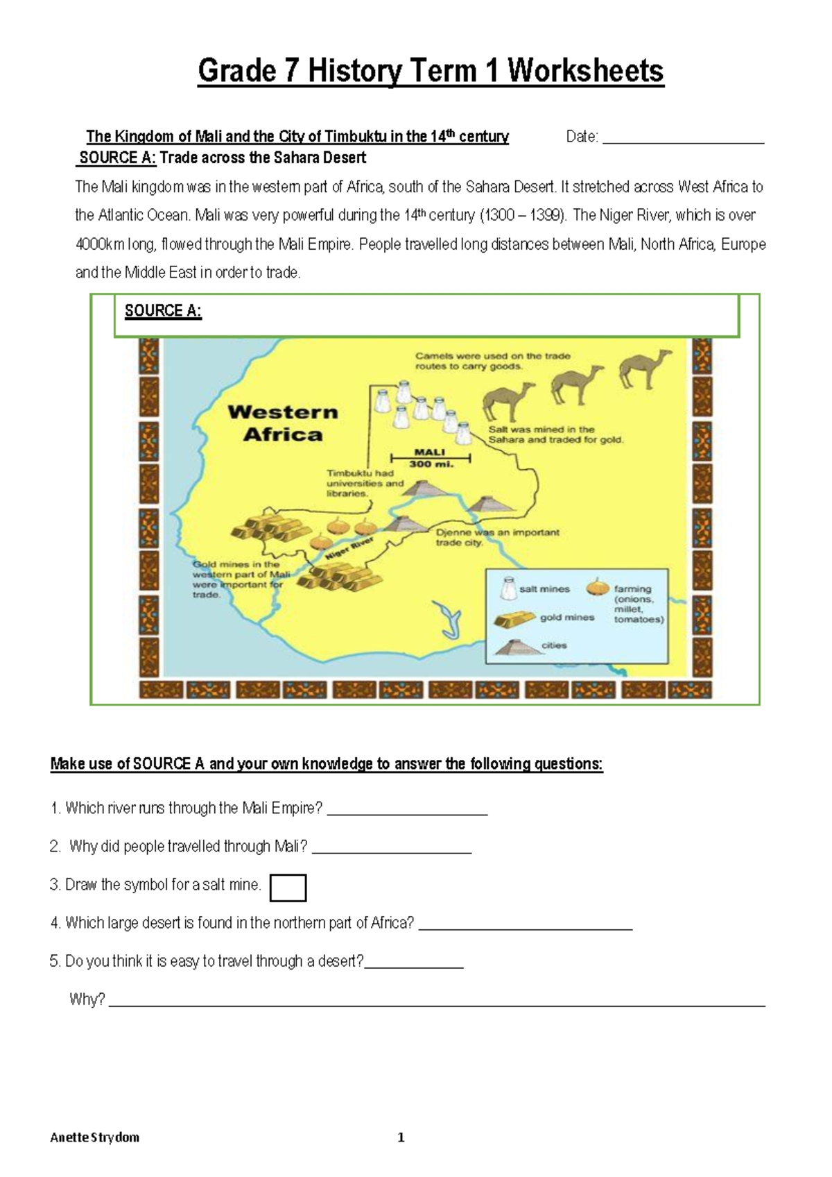 Grade 7 History Term 1 Worksheets: The Kingdom of Mali & Timbuktu - Studocu
