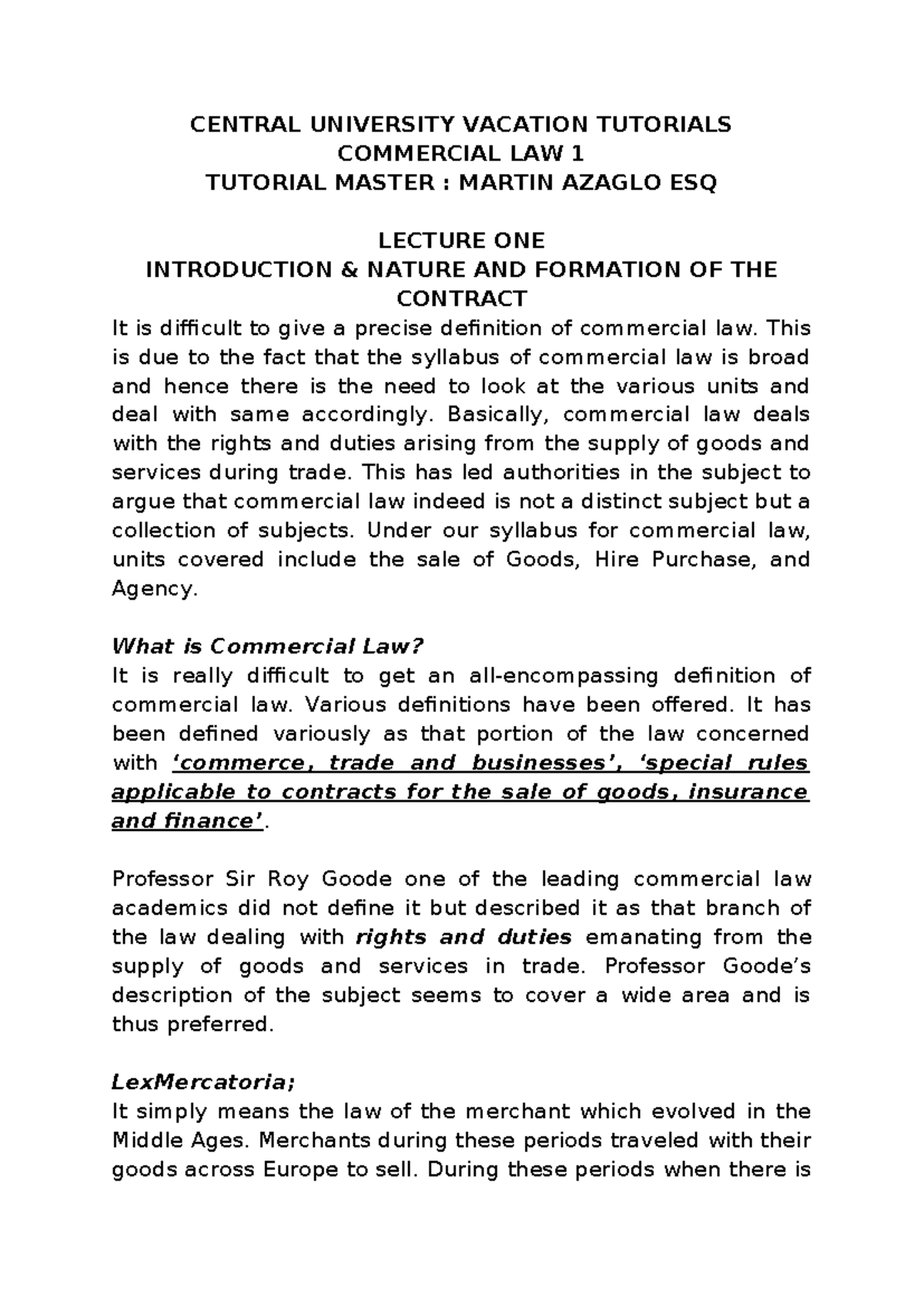 Commercial Law 1: Introduction to Contract Nature & Formation - Martin ...