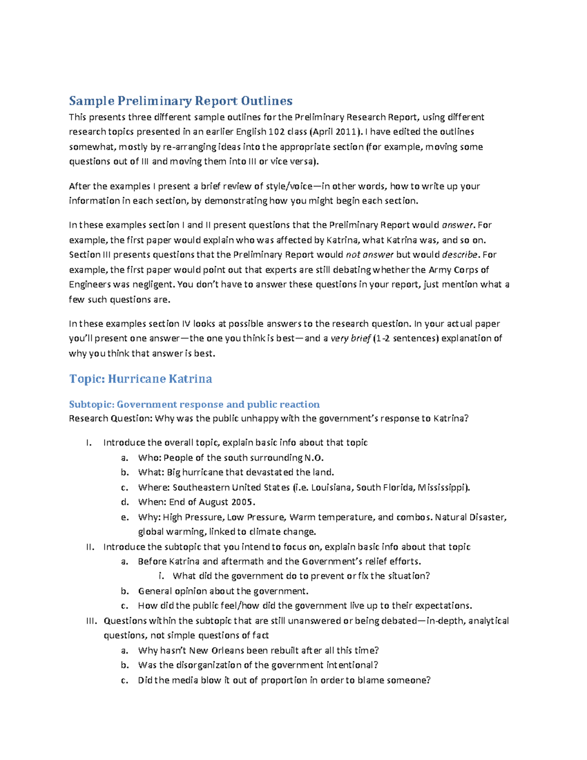 Prelim Outline Samples - Sample Preliminary Report Outlines This ...