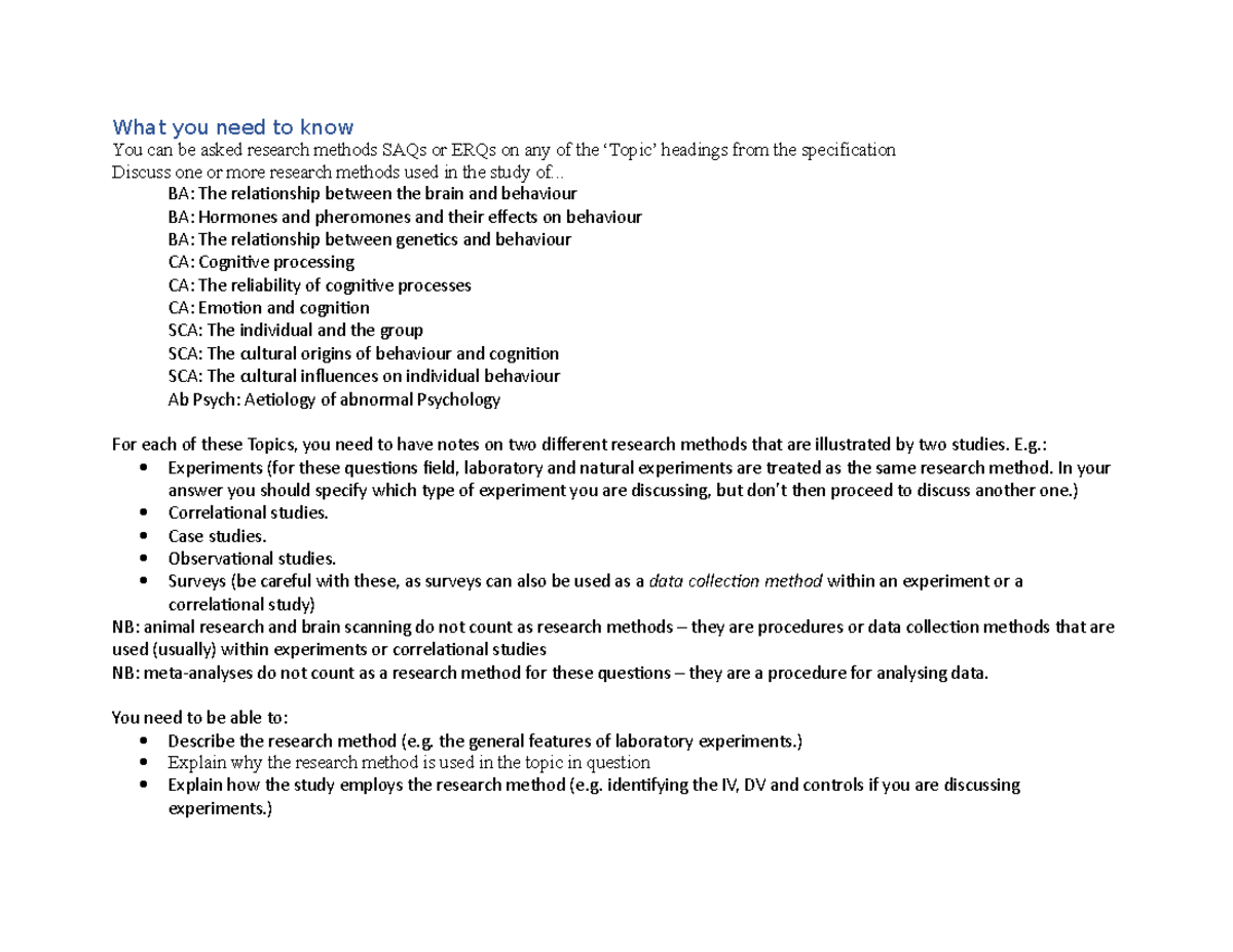 IB Psychology SL Research Methods Study Notes and Evaluations - Studocu