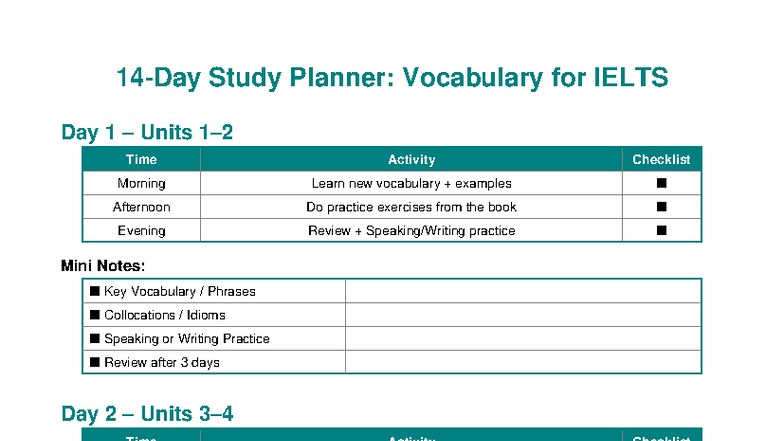 Vocabulary for IELTS: 14-Day Study Plan and Checklist - Studocu