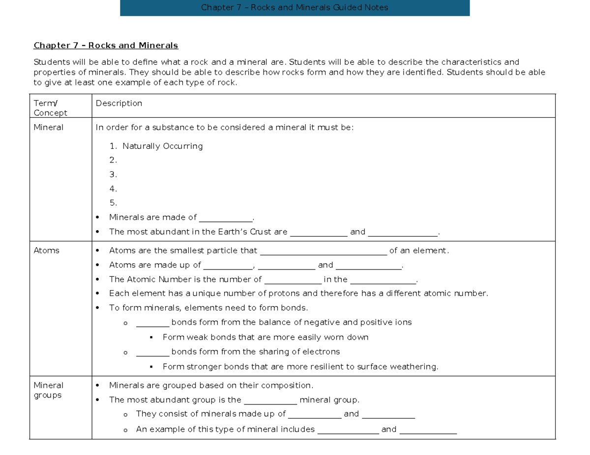 Chapter 7 - Rocks and Minerals Guided Notes (Course Code: SCI101) - Studocu