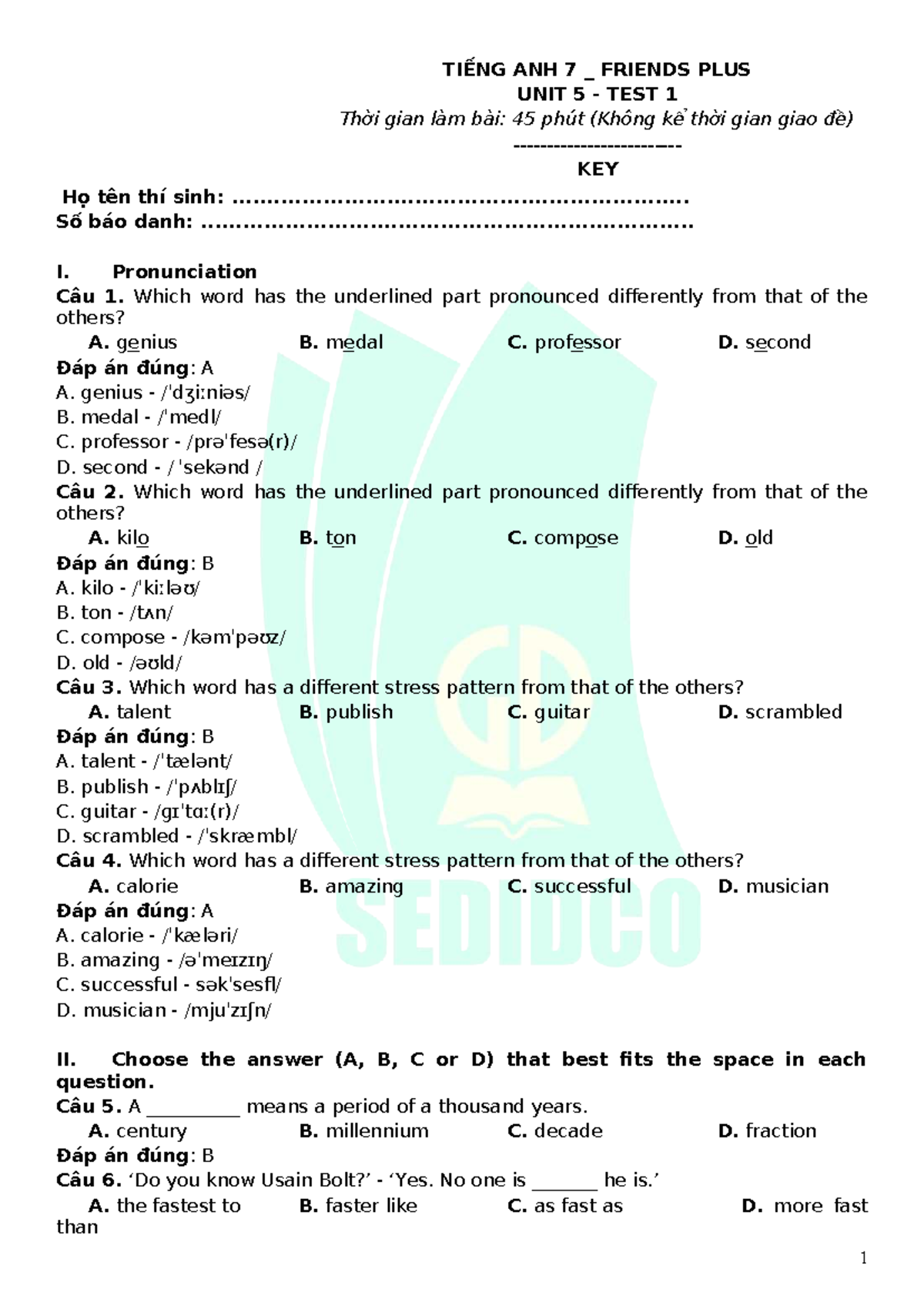 TIẾNG ANH 7 _ FRIENDS PLUS UNIT 5 TEST 1 ANSWER KEY - Studocu