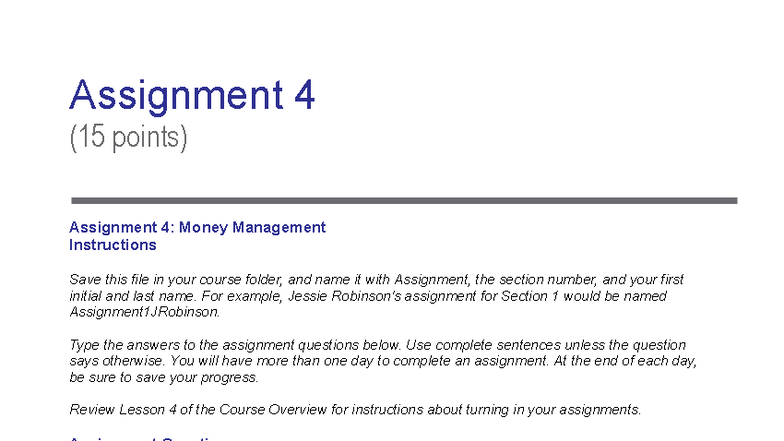 Assignment 4: Money Management - EL5732 Guidelines and Questions - Studocu