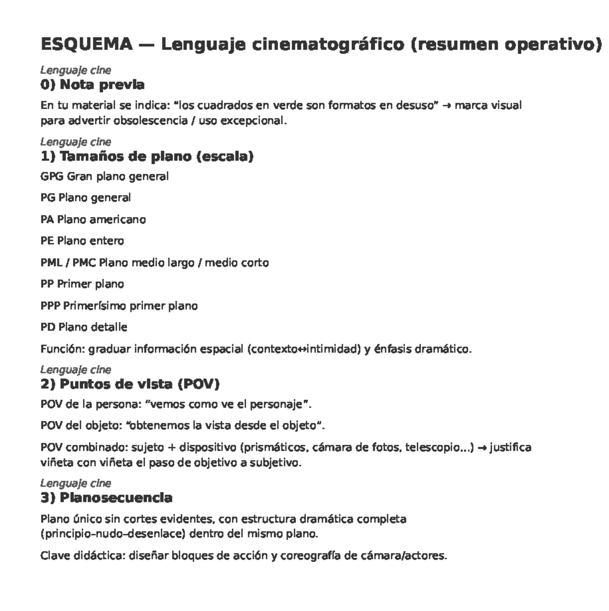 ESQUEMA Lenguaje Cinematográfico: Resumen Operativo y Didáctico - Studocu