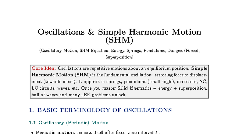SHM - Cheat Sheet (Oscillations, Equations, Energy, JEE Tips) - Studocu