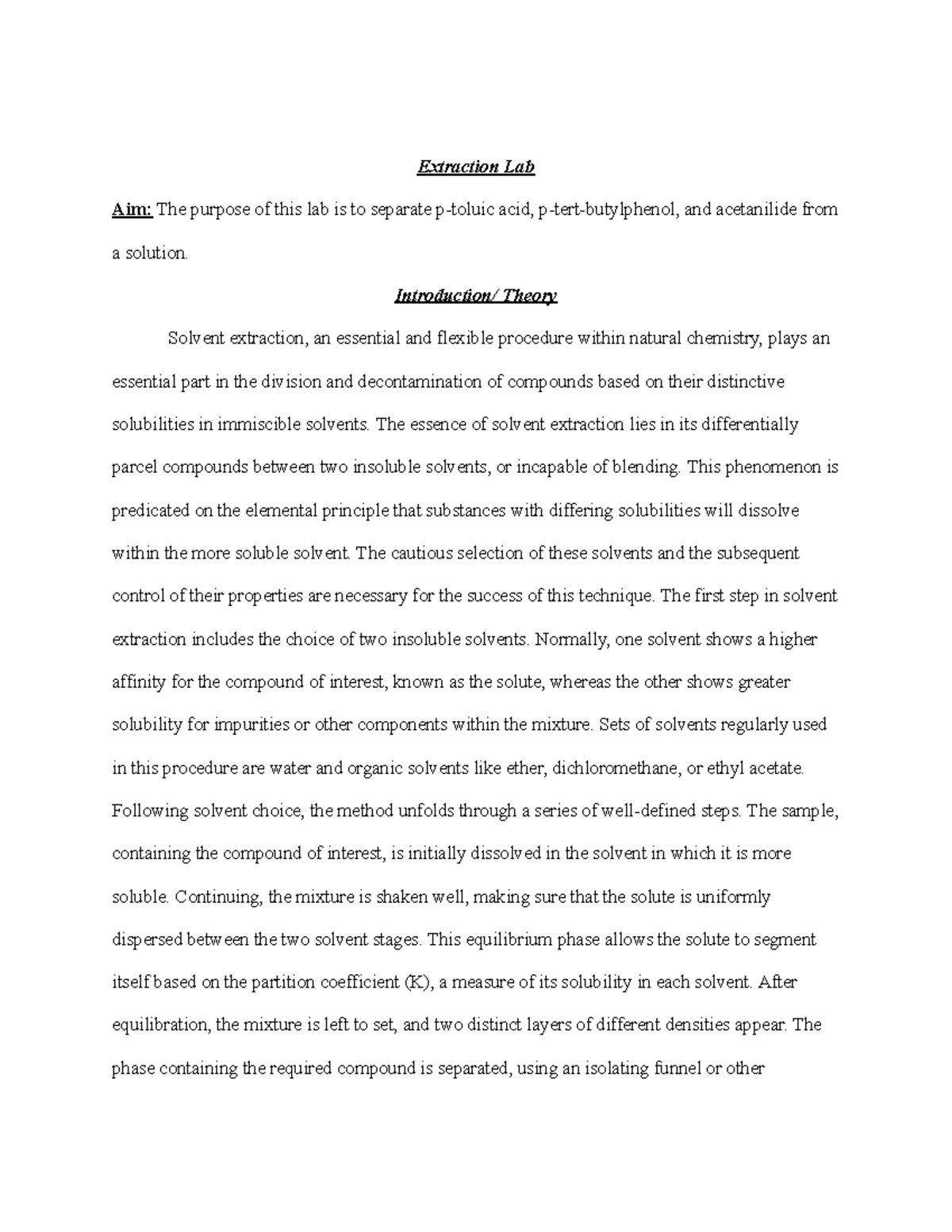 OChem Lab Report 4: Solvent Extraction of p-Toluic Acid, p-Tert ...
