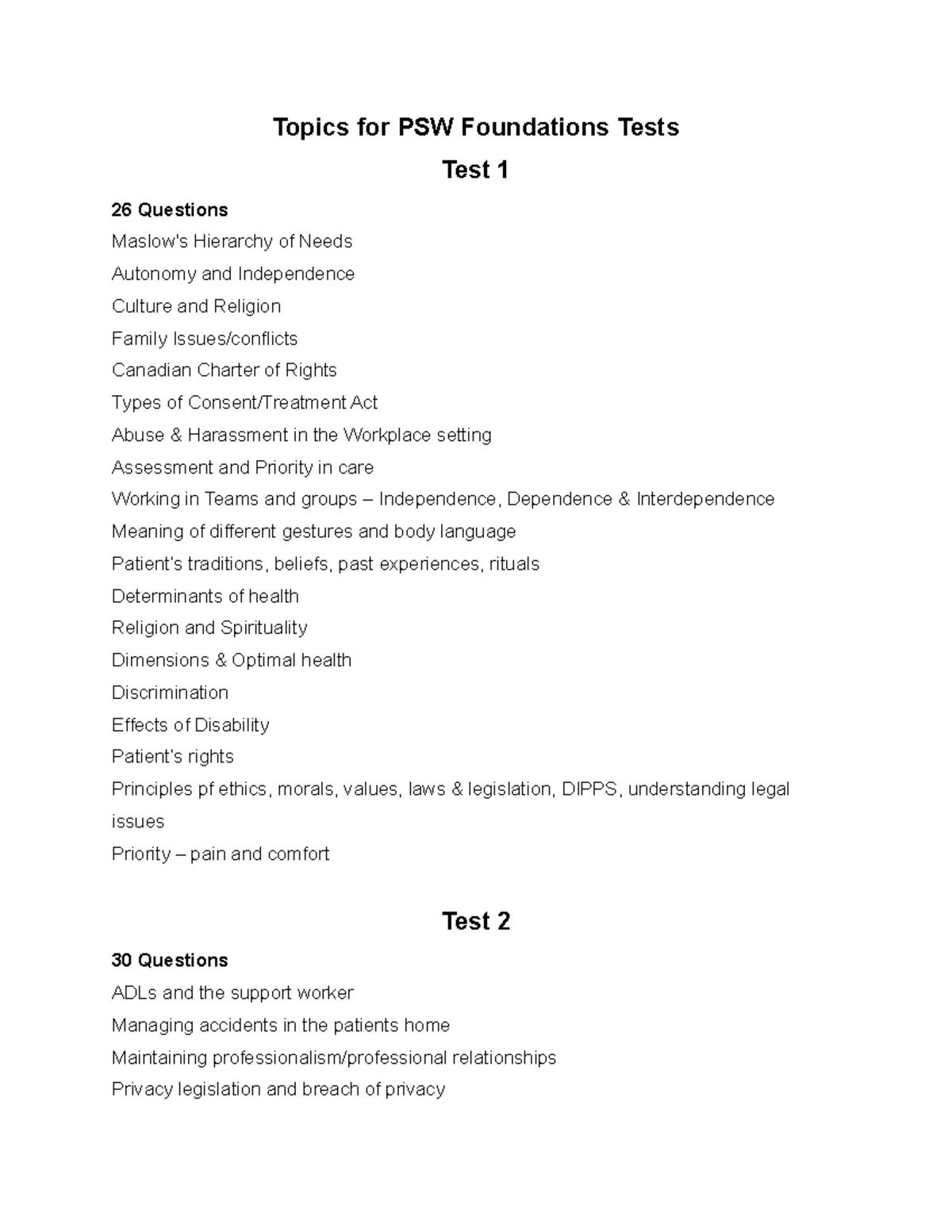 Topics for PSW Foundations Tests: Key Concepts & Skills Overview - Studocu