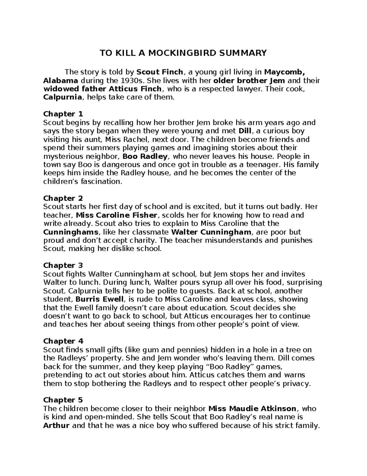 TO KILL A MOCKINGBIRD (ENG 101) Chapter Summary Notes - Studocu