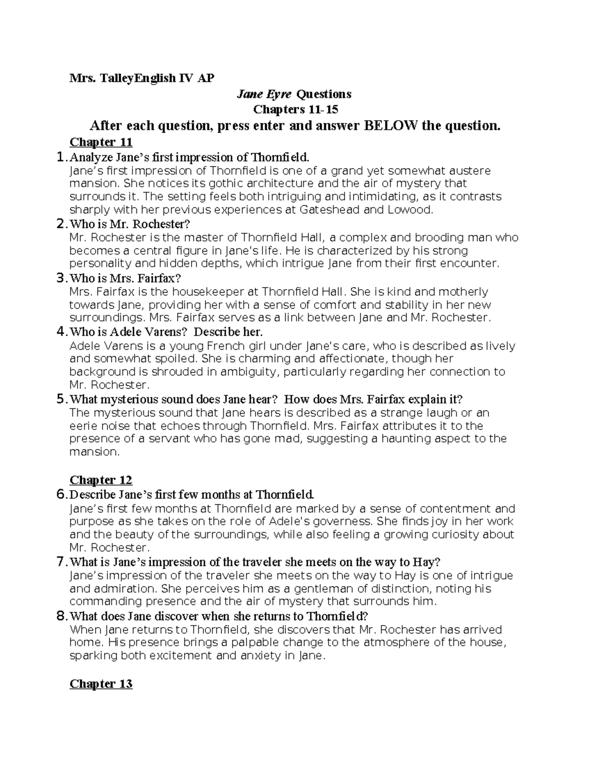 Jane Eyre (Ch 11-15) - Questions & Answers Analysis - Studocu