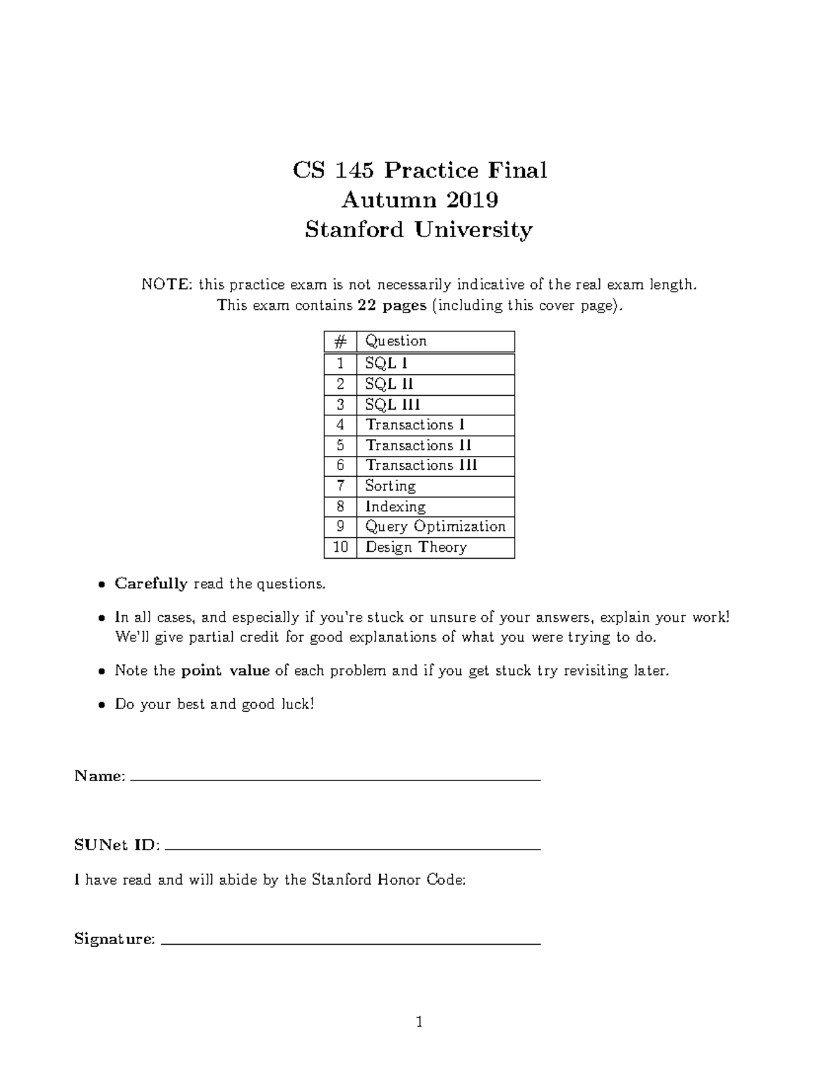 CS 145 Practice Final 2019 - CS 145 Practice Final Autumn 2019 Stanford ...