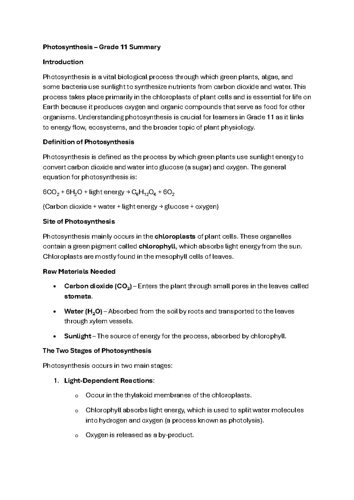 Grade 11 Photosynthesis Summary: Key Concepts and Importance - Studocu