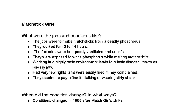 Matchstick Girls: Jobs, Conditions, and the Impact of the Strike - Studocu