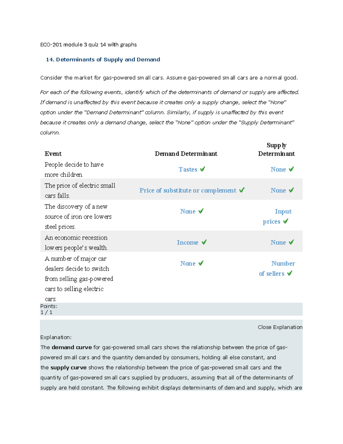 ECO-201 Module 3 Quiz 14: Analyzing Supply & Demand Determinants - Studocu