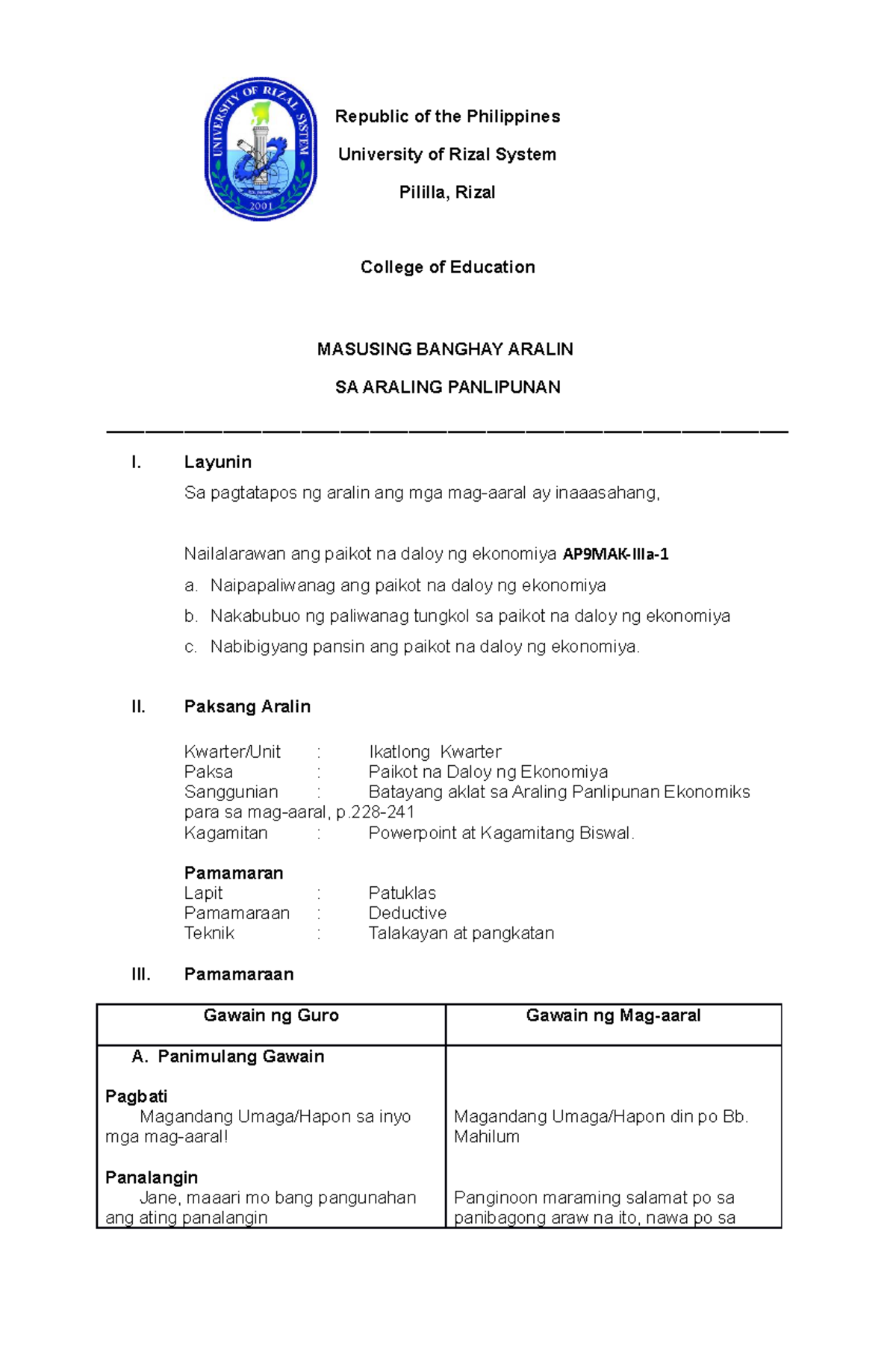 371333189-lesson-plan - Republic of the Philippines University of Rizal ...