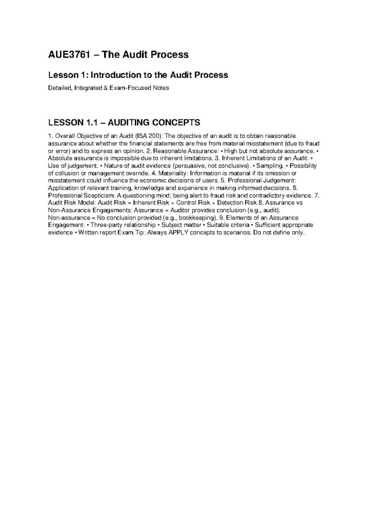 AUE3761 Audit Process Lesson 1: Key Concepts & Regulations Summary ...
