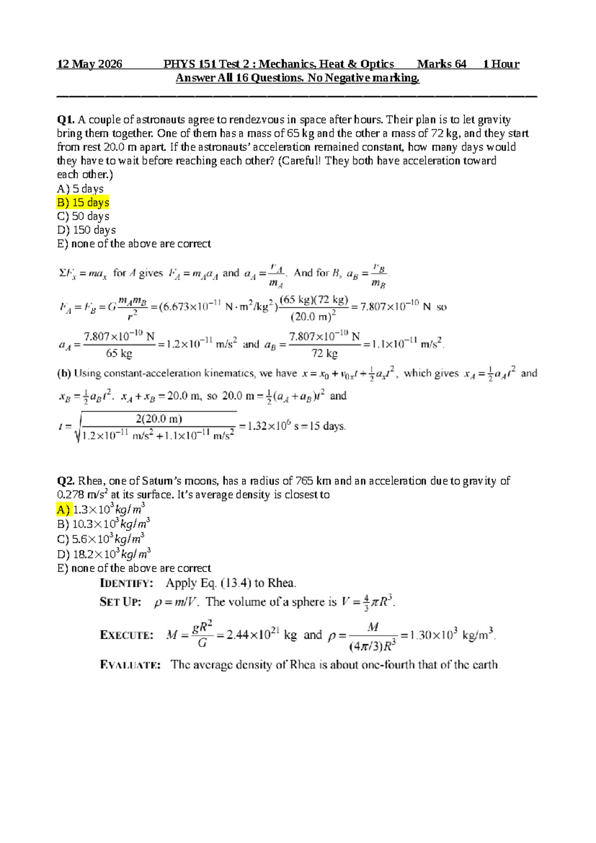 PHYS 151 Test 2 Solutions: Mechanics, Heat & Optics - Studocu