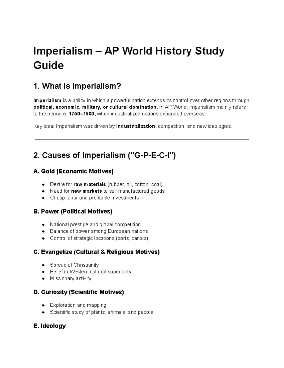 Imperialism: AP World History Study Guide on Causes & Effects - Studocu