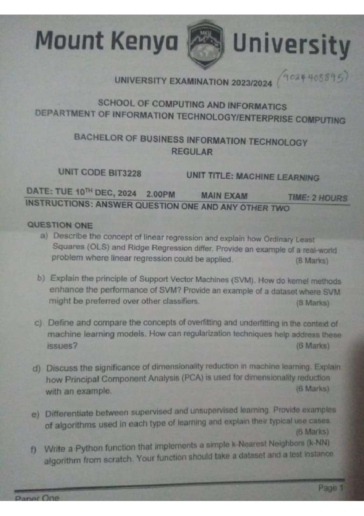 Machine learning past paper - MKU Mount Kenya University UNIVERSITY EXAMINATION (9024408895 ...
