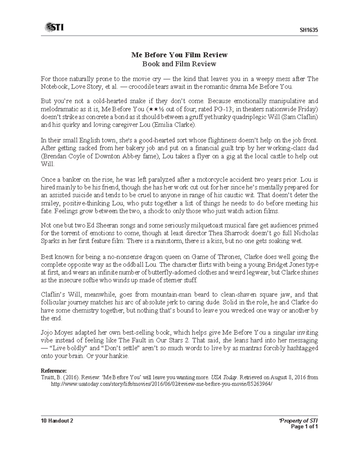 SH1635 - Me Before You Film Review Analysis Handout 2 - Studocu